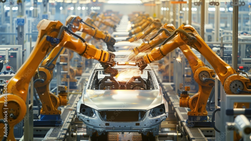 Assembly line in a modern car manufacturing plant with robotic arms ...