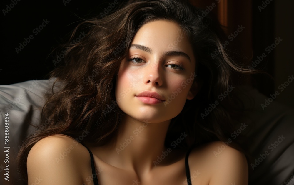 A woman with long brunette hair and perfect skin poses in a low-cut ...