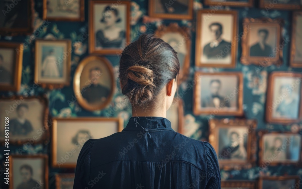 A woman stands with her back to the camera, gazing at a wall filled ...