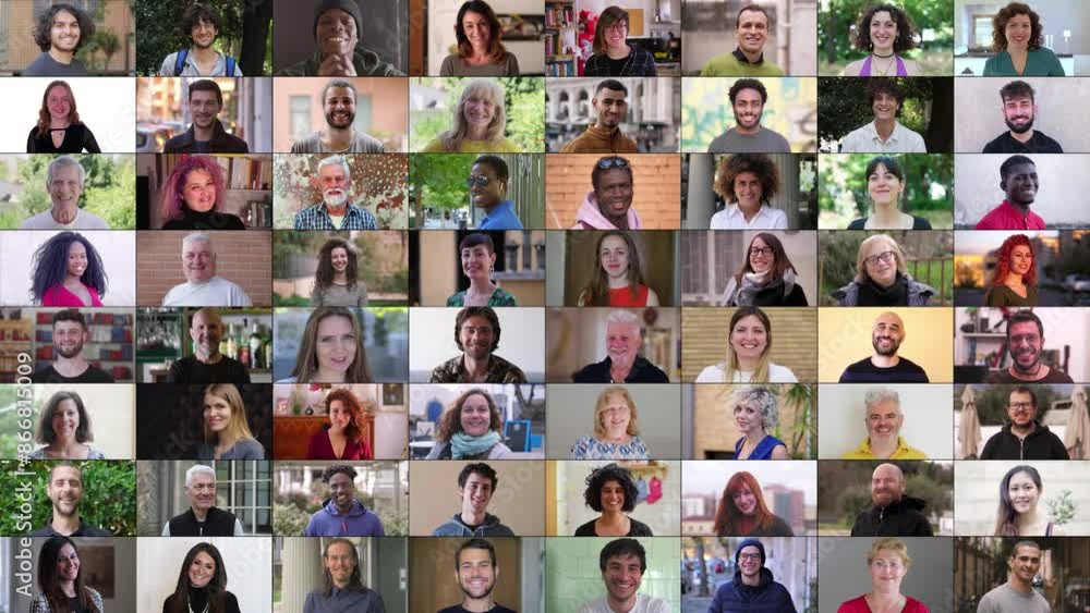 A multiscreen display featuring 64 happy and smiling faces from ...