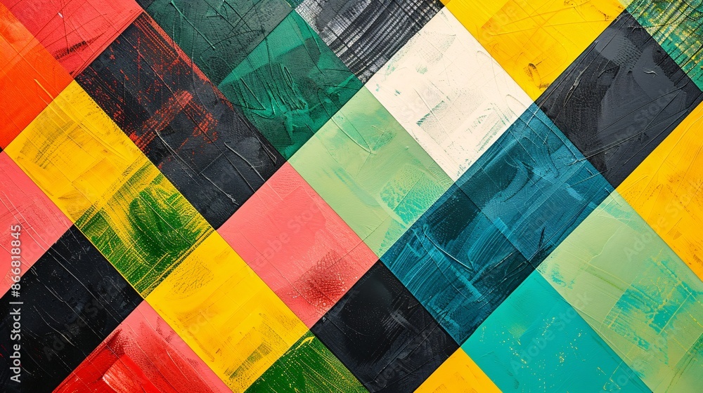 A colorful painting with a checkered pattern. The colors are bright and ...