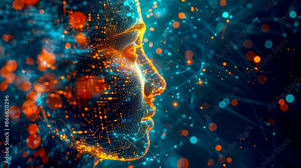 Futuristic digital human face concept art with glowing dots and lines ...