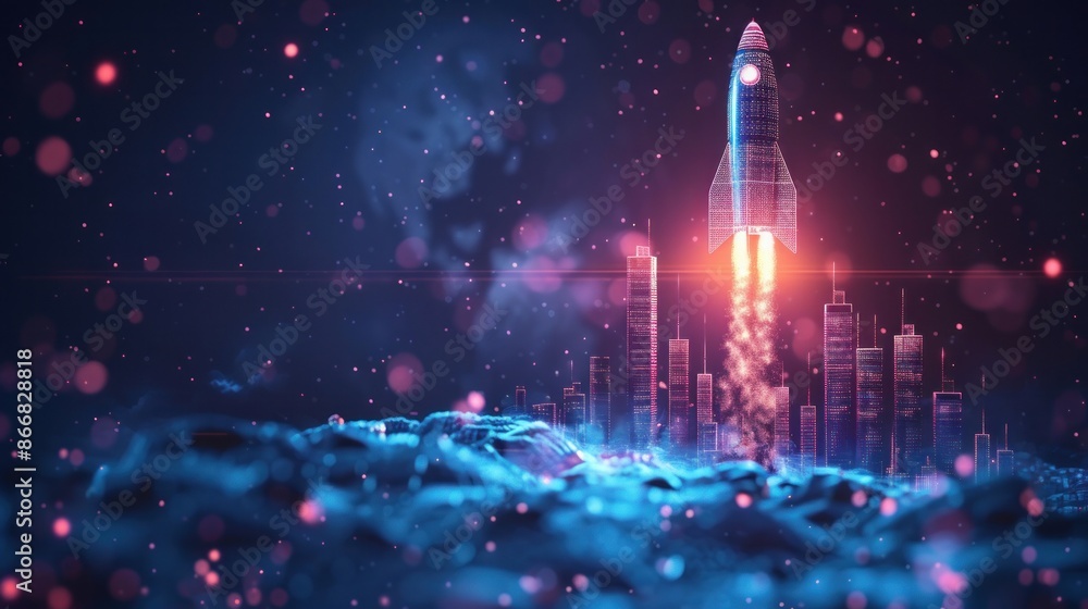 Digital rocket launch from the stock market candlestick in outer space ...