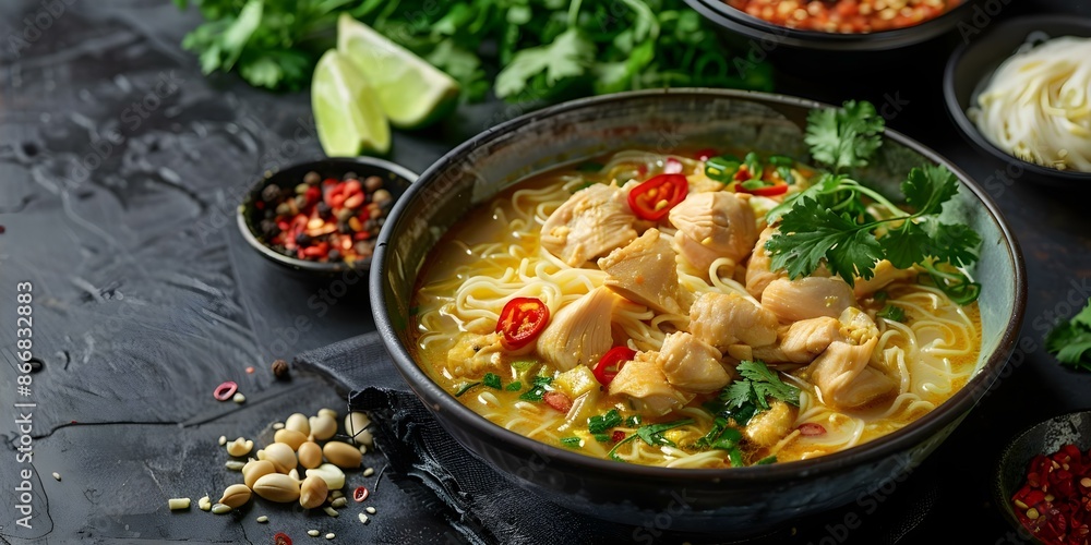 Indonesian chicken soto with white rice vermicelli noodles a ...