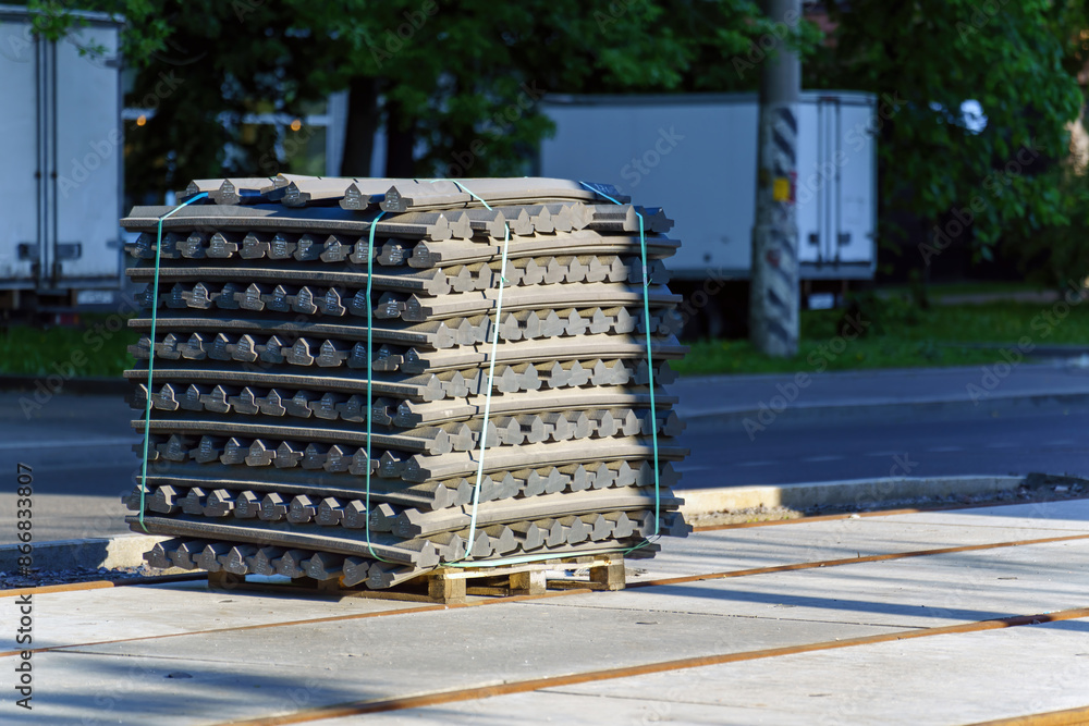Rubber shock absorption pads for tram rails stacked during ...