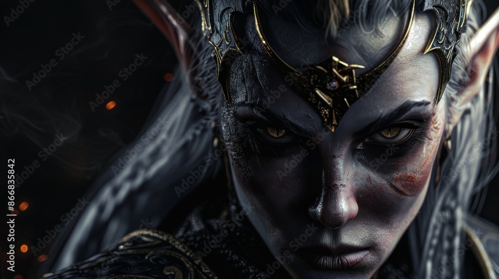 A dark fantasy-themed close-up of an elf queen with sharp features ...
