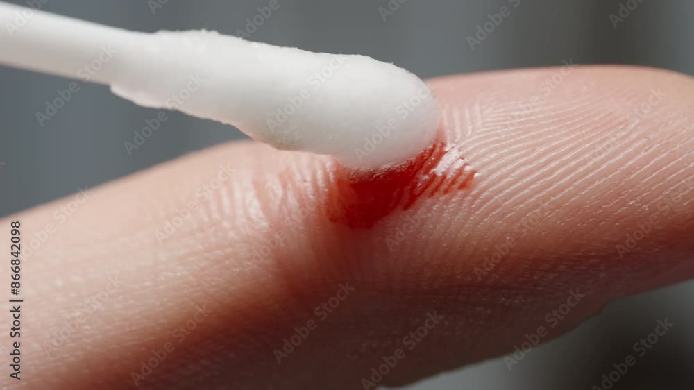 Cotton swab treating a wound on a finger. Blood soaked in hydrogen ...