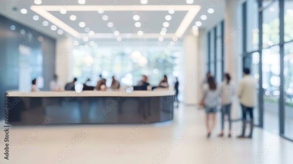 Blurred office lobby with reception desk. Busy office lobby with ...