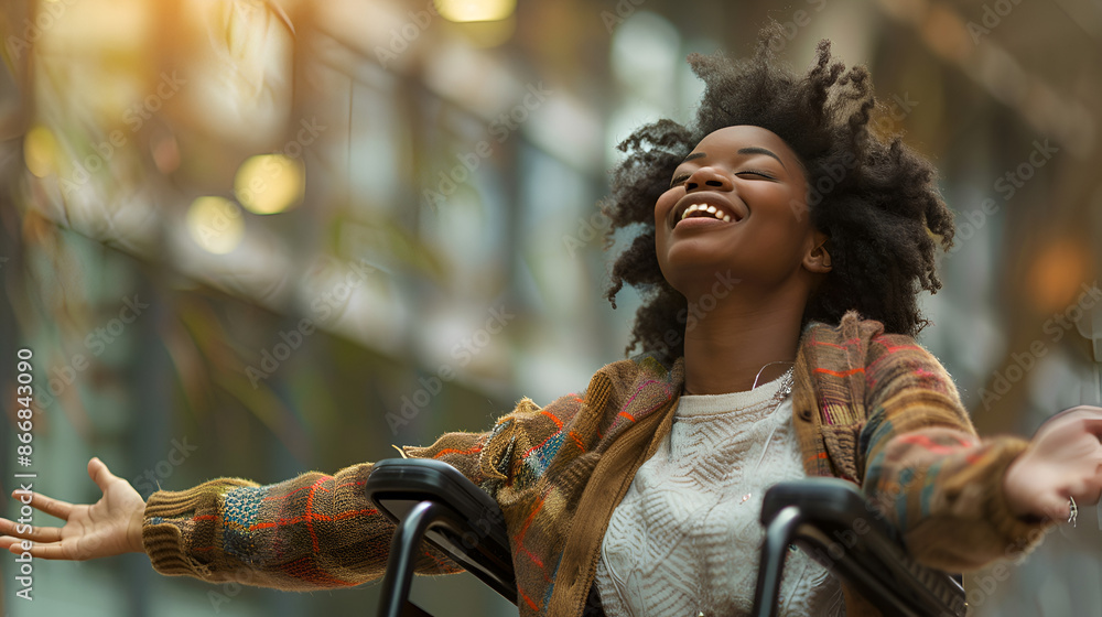 Happy young African American black woman on a wheelchair - diversity ...