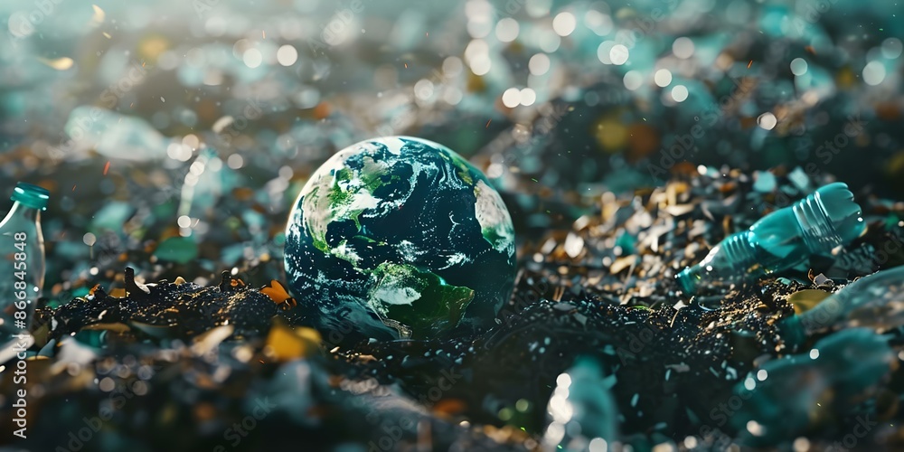 Abstract representation of polluted earth plastic bottles, power plant ...