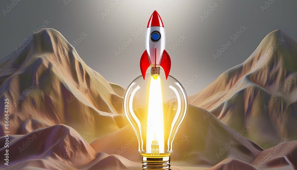 innovative rocket launch flying high from opening bright lightbulb idea ...