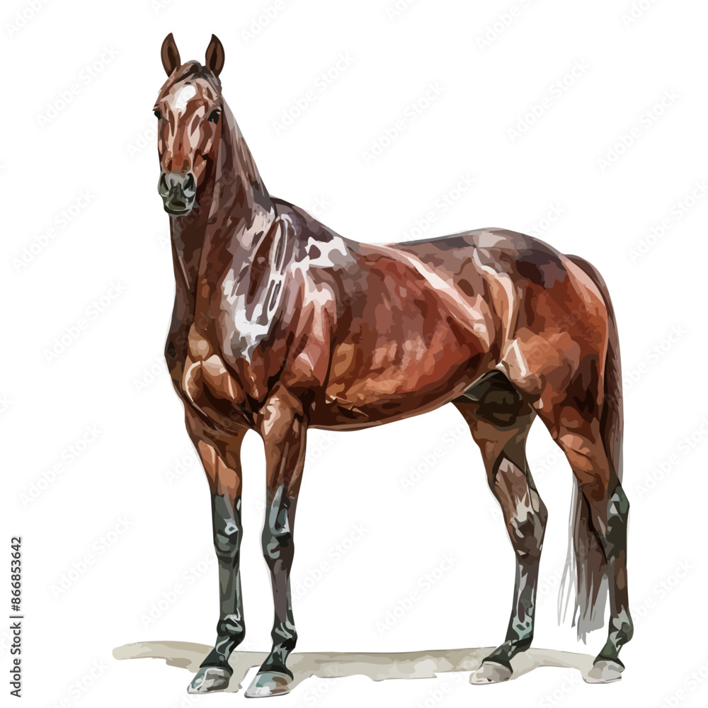 Watercolor Illustration painting of a Muscular horse, isolated on a ...