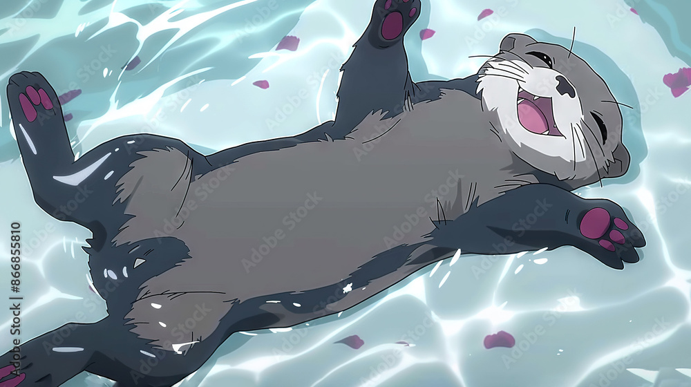 An otter in a water pool with its mouth open and paw raised Stock ...