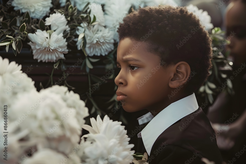Sad african american child at funeral in graveyard. Coffin at cemetery ...