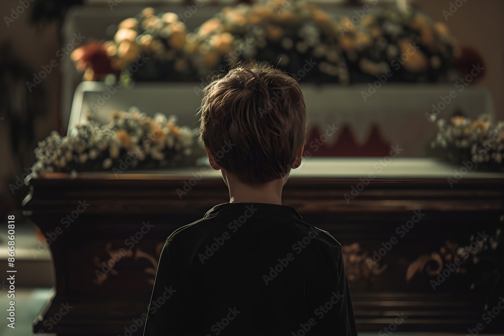 Sad child at funeral in graveyard. Coffin at cemetery for death ...