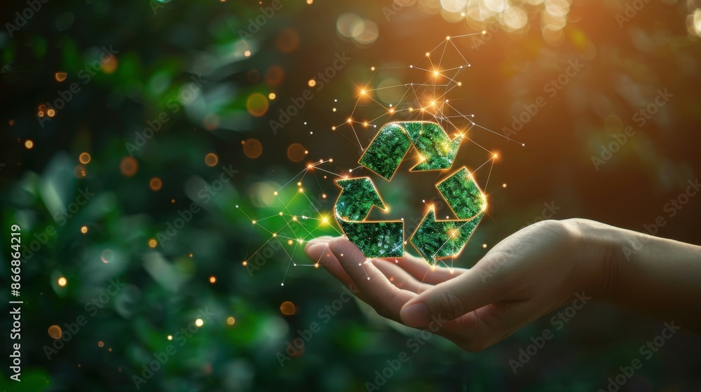 Symbol of recycling and ecological recycling. human hand touching ...