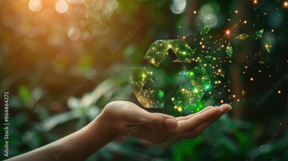 Symbol of recycling and ecological recycling. human hand touching ...