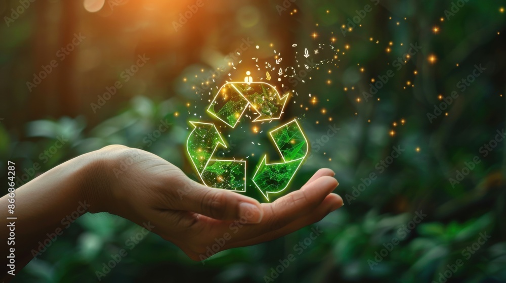 Symbol of recycling and ecological recycling. human hand touching ...