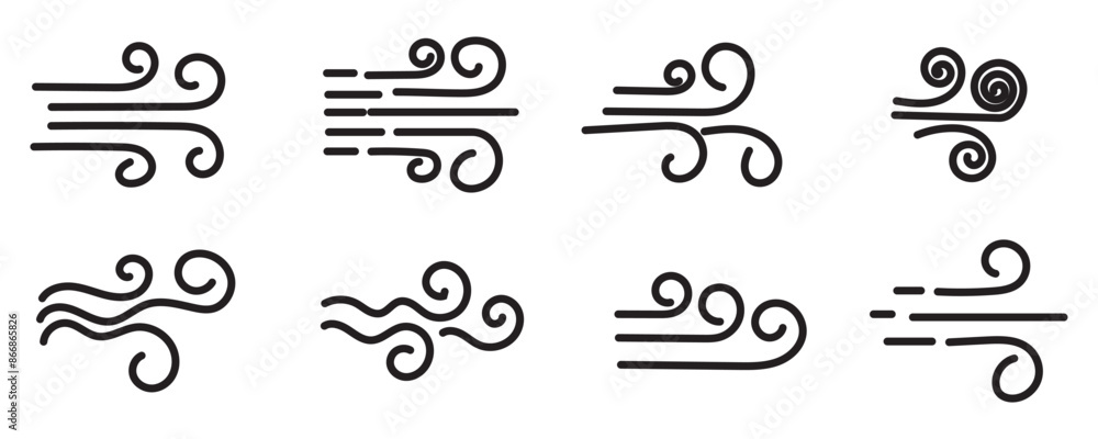 Doodle wind motion. Isolated vector set of abstract air swirls, blow ...