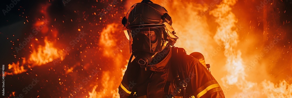 Seasoned firefighter battling flames in a burning building their ...