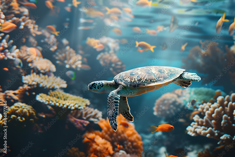 loggerhead sea turtle (Caretta caretta) gracefully swims among vibrant ...