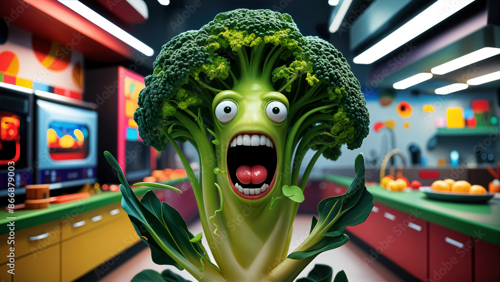 Hysterical fresh green broccoli in a chef's kitchen screaming, bulging ...