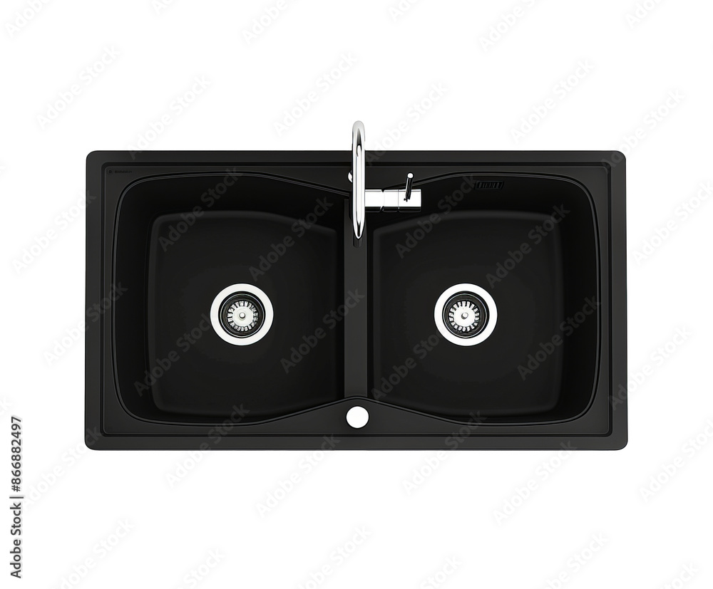Modern black double kitchen sink with chrome faucet and drain baskets ...