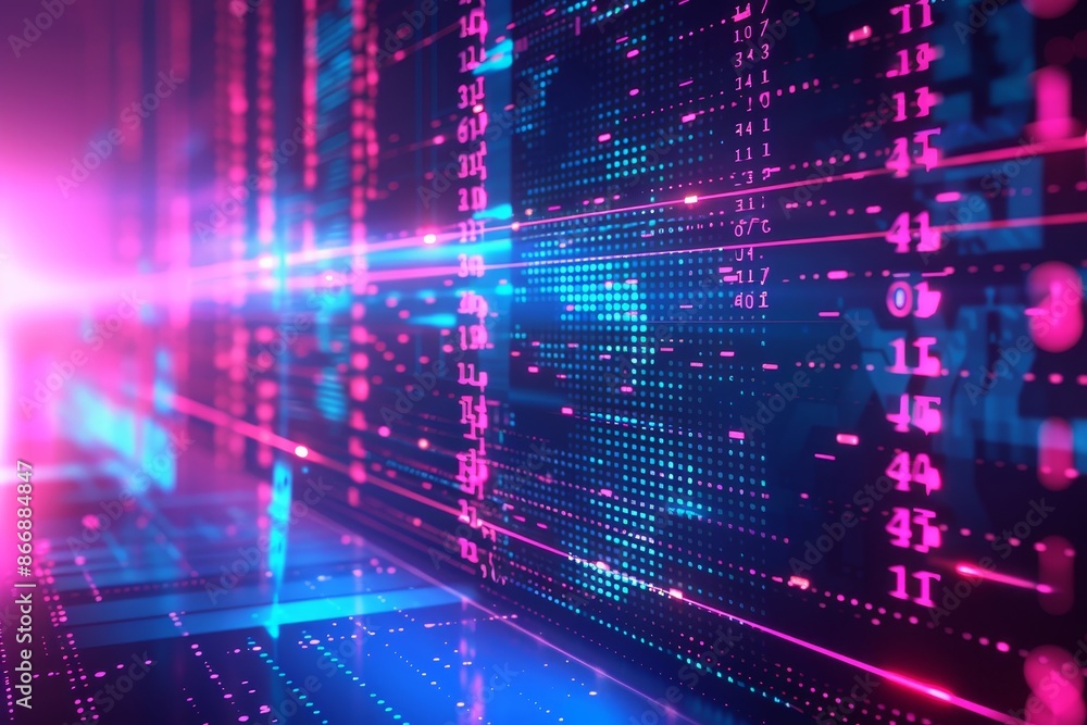 A high-tech digital background featuring neural network patterns, data transfer lines, and ...