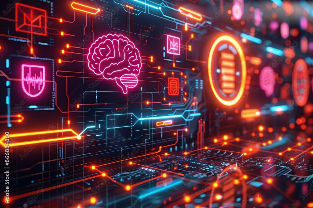 A high-tech digital background featuring neural network patterns, data transfer lines, and ...