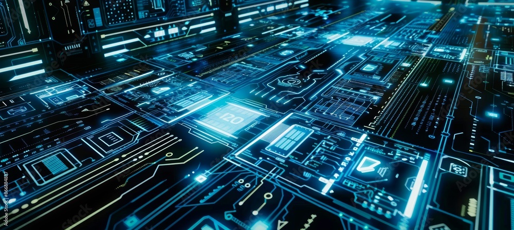 A high-tech digital background featuring neural network patterns, data transfer lines, and ...