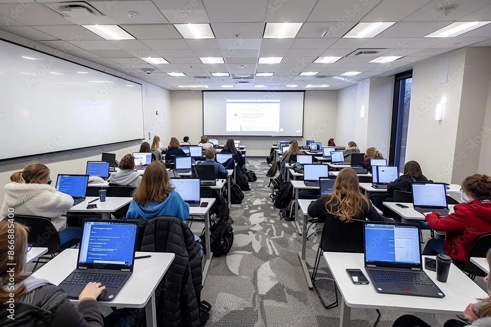 A modern classroom with students interacting with technology, including ...