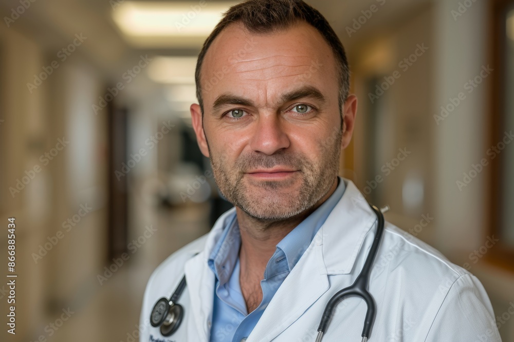 Portrait of a doctor wearing a white coat, standing against the ...