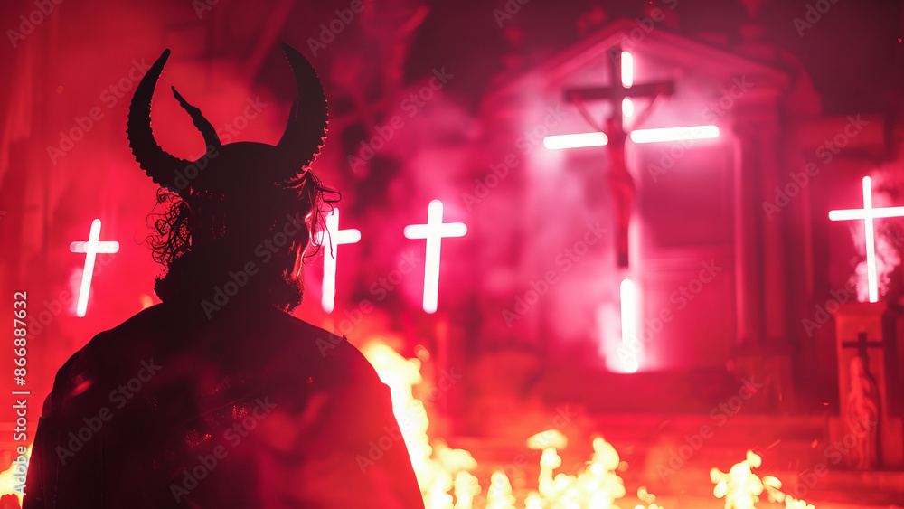 Silhouette of a Demon in Front of Neon Crosses and Flames Stock Photo ...