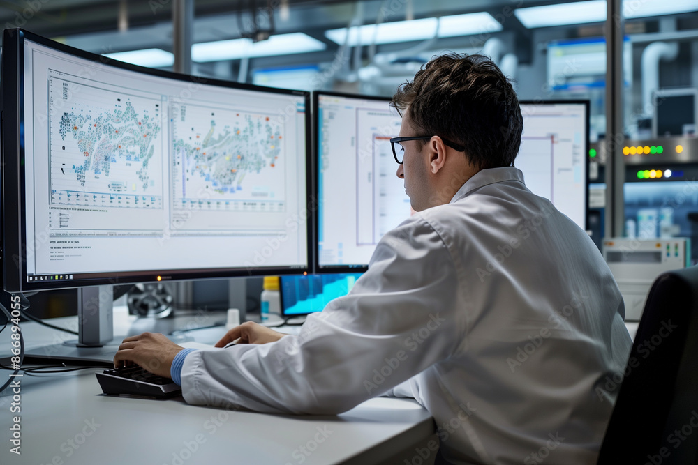 professional photo of a scientist analyzing a complex data set on dual monitors in a high-tech ...