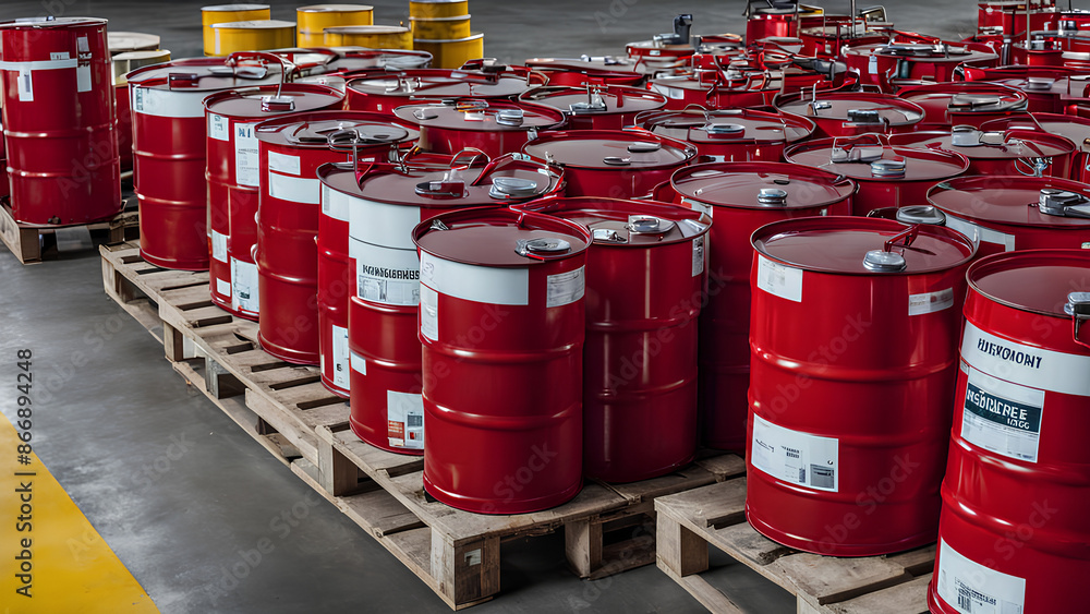 Red drums full of flammable liquid, stacked on a pallet in a warehouse ...