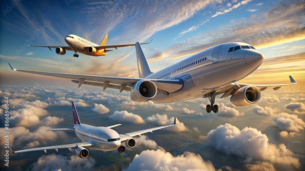 Airplane 3d. Airliner top, side and front view. Flying aircraft in ...