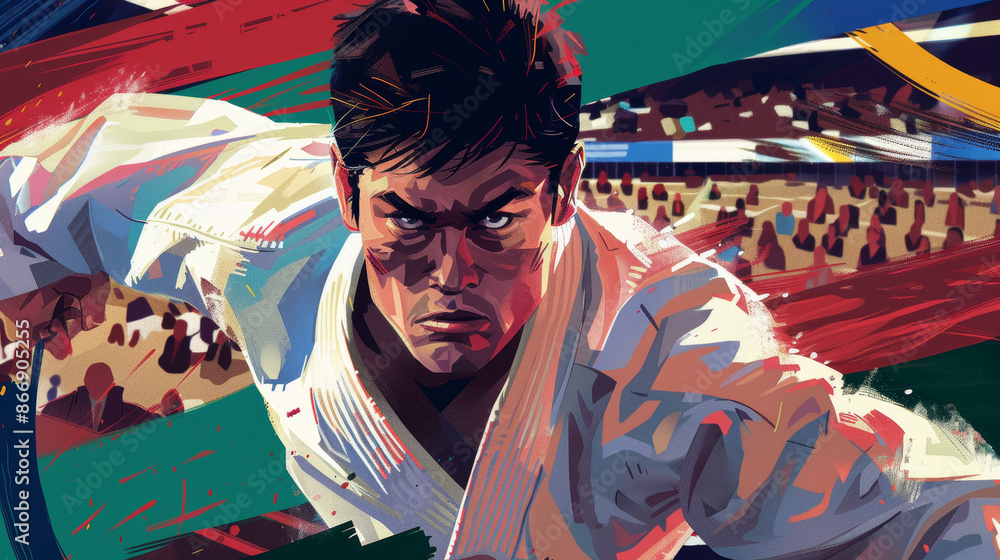 Intense Olympic Judo Banner with Determined Judoka and Olympic Rings in ...