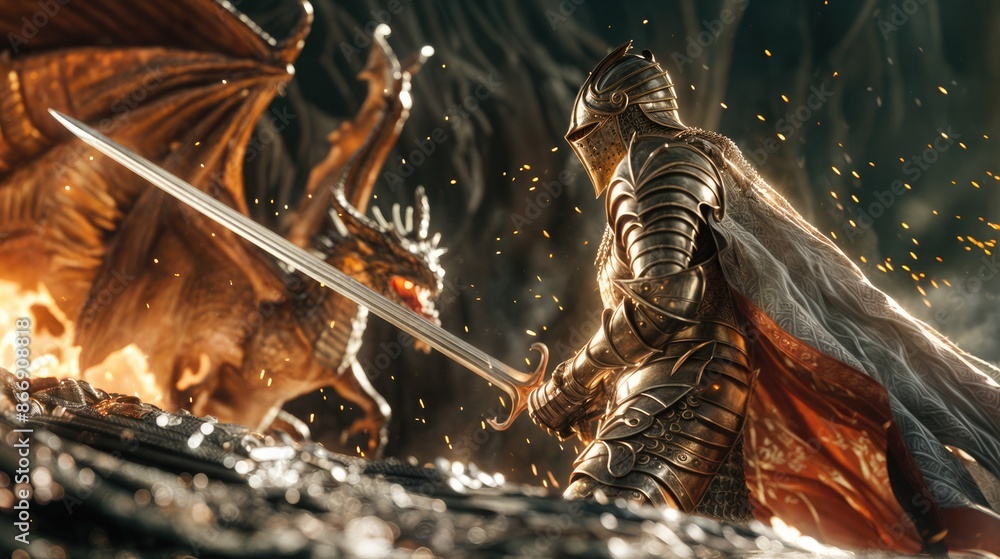 A knight is fighting a dragon with a sword. The knight is wearing a ...