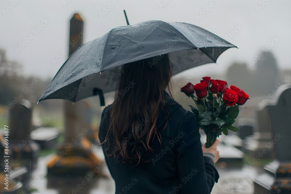 Sad woman grieving in cemetery in rainy day. Woman standing at ...