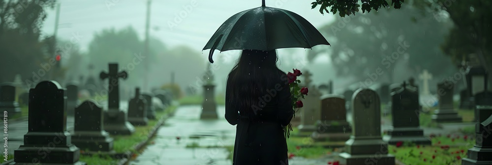 Sad woman grieving in cemetery in rainy day. Woman standing at ...