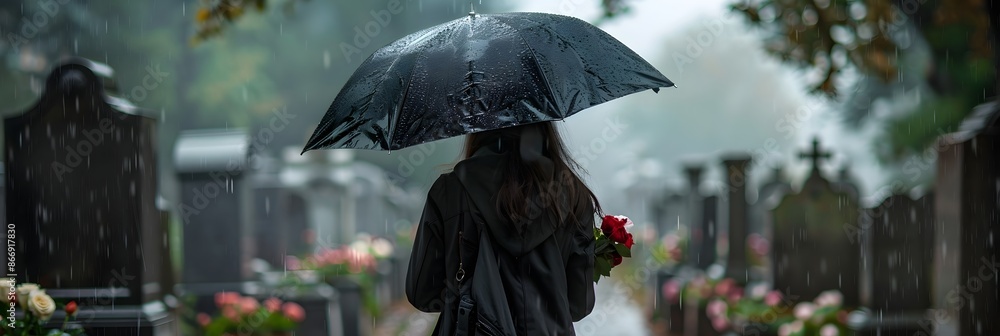 Sad woman grieving in cemetery in rainy day. Woman standing at ...