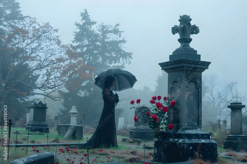 Sad woman grieving in cemetery in rainy day. Woman standing at ...