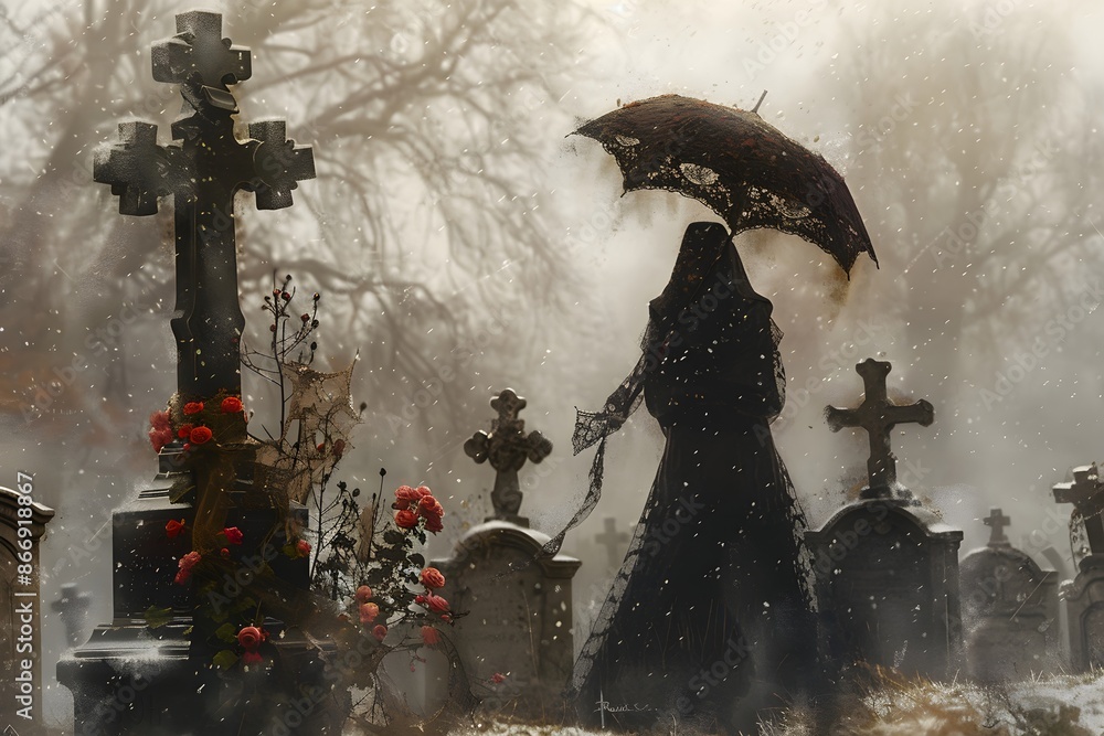 Sad woman grieving in cemetery in rainy day. Woman standing at ...