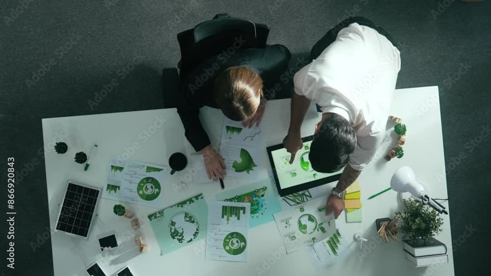 Top down view of business man presenting sustainable idea to manager by ...