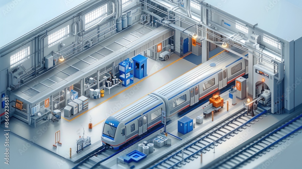 Isometric view of a subway depot, featuring an open garage with subway ...