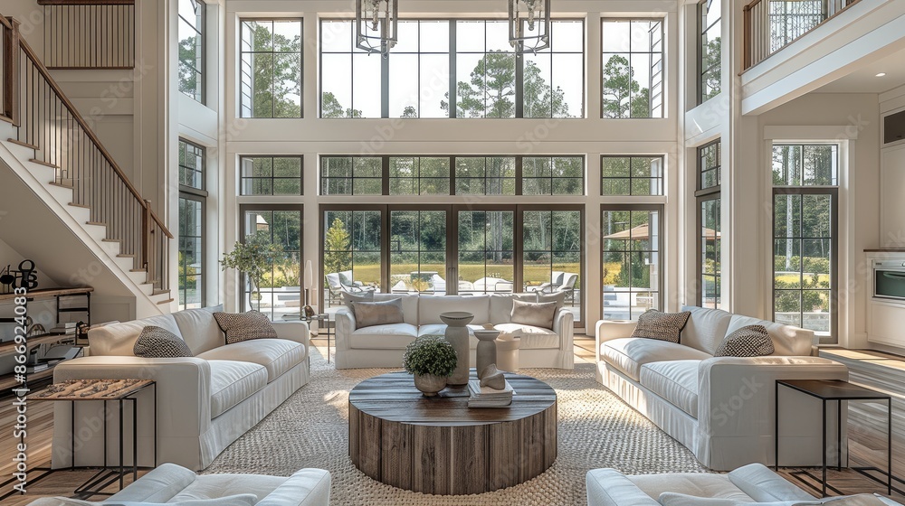 A large double staircase in the center of an open concept home with two ...