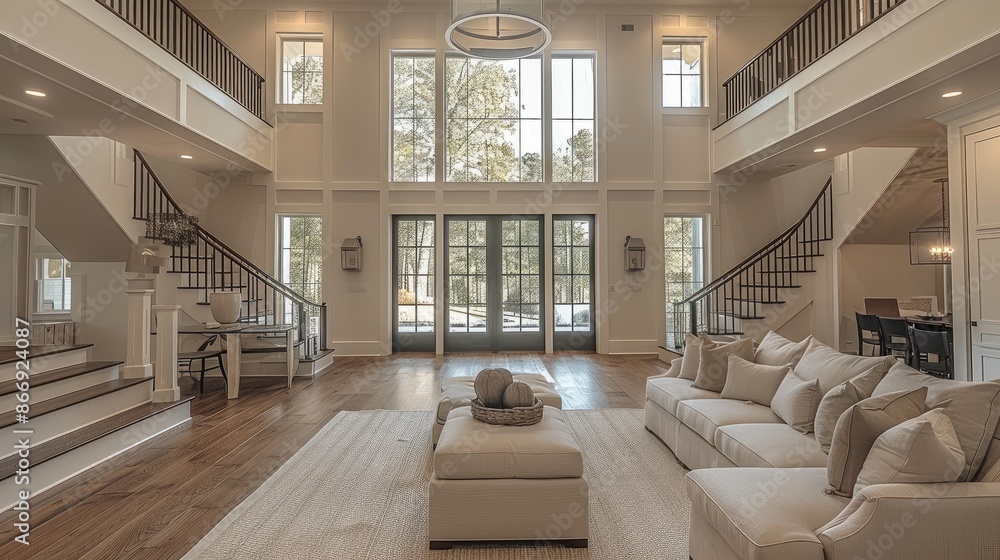 A large double staircase in the center of an open concept home with two ...