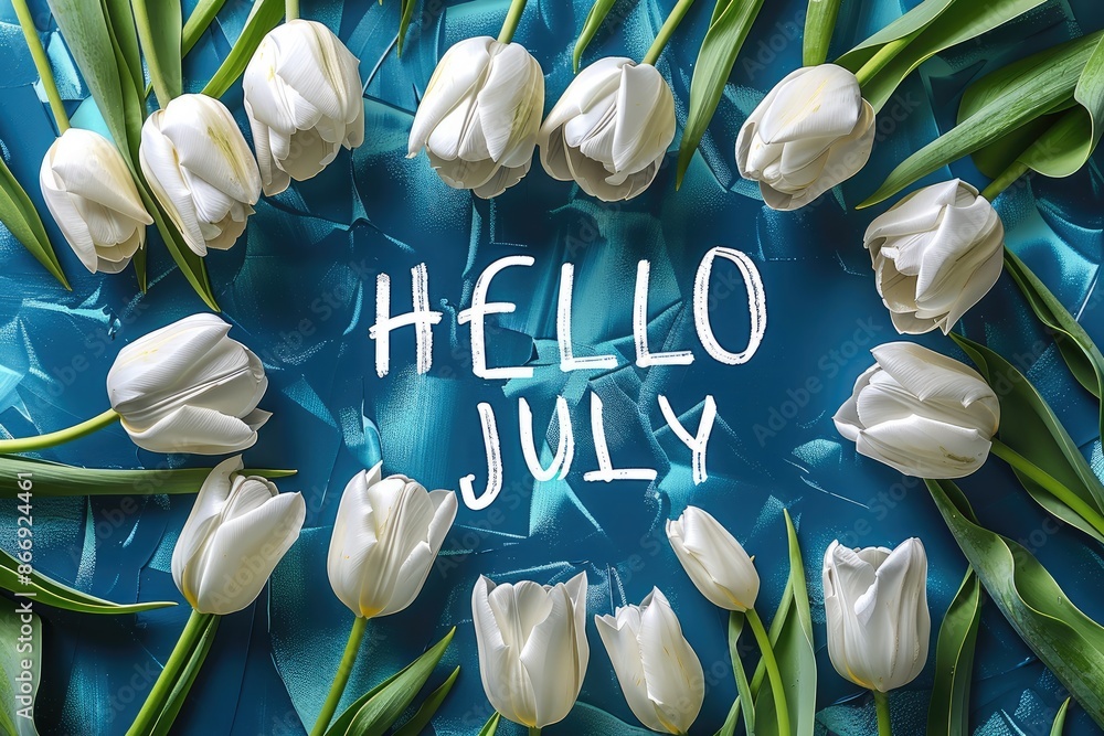 Blue background with white tulips, text that spell the word "HELLO JULY ...