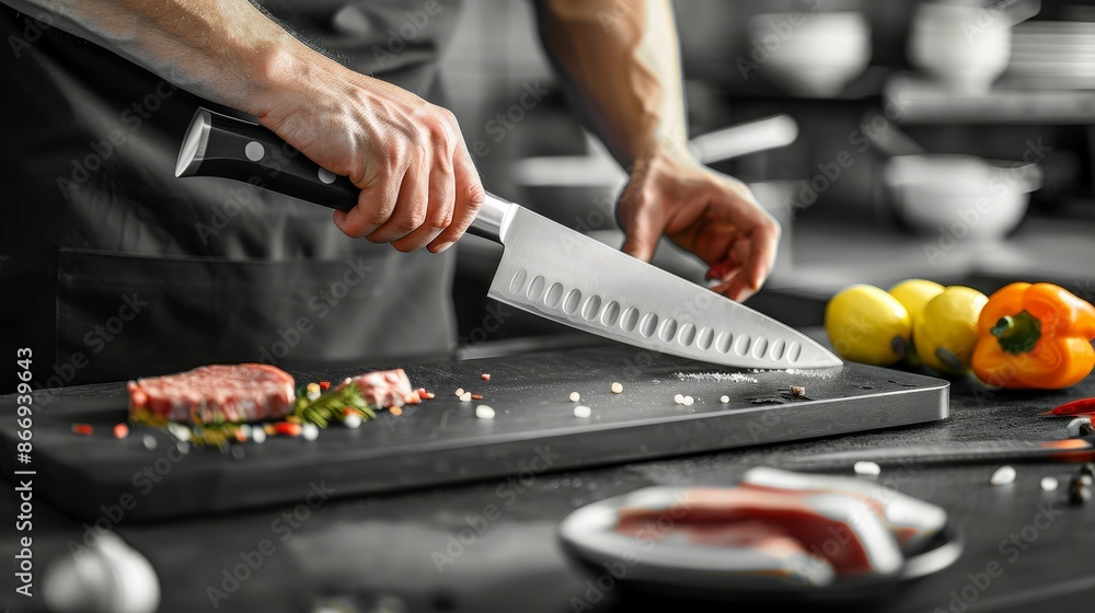 Japanese chef knife with ergonomic handle, shown in a professional ...