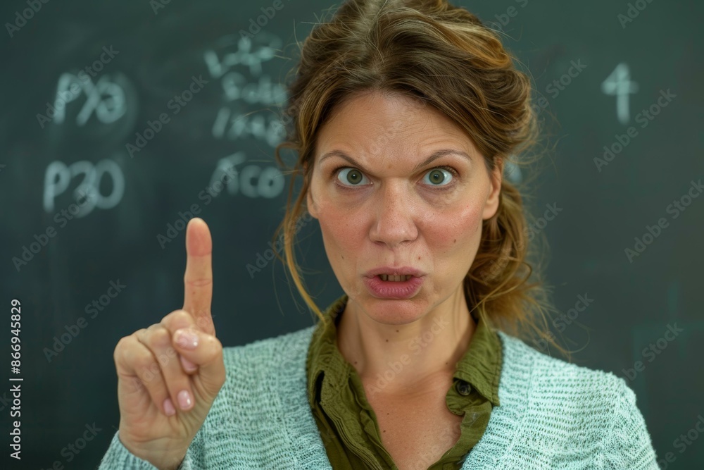Serious female teacher giving stern warning in classroom with finger ...